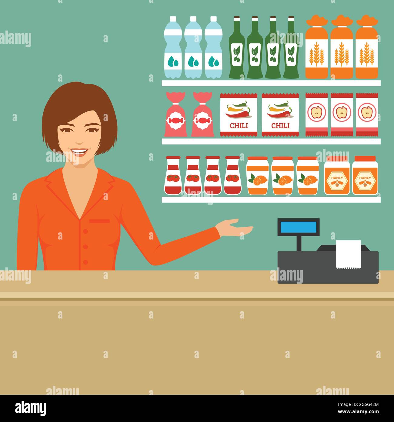 supermarket cashier, food store flat vector illustration Stock Vector ...