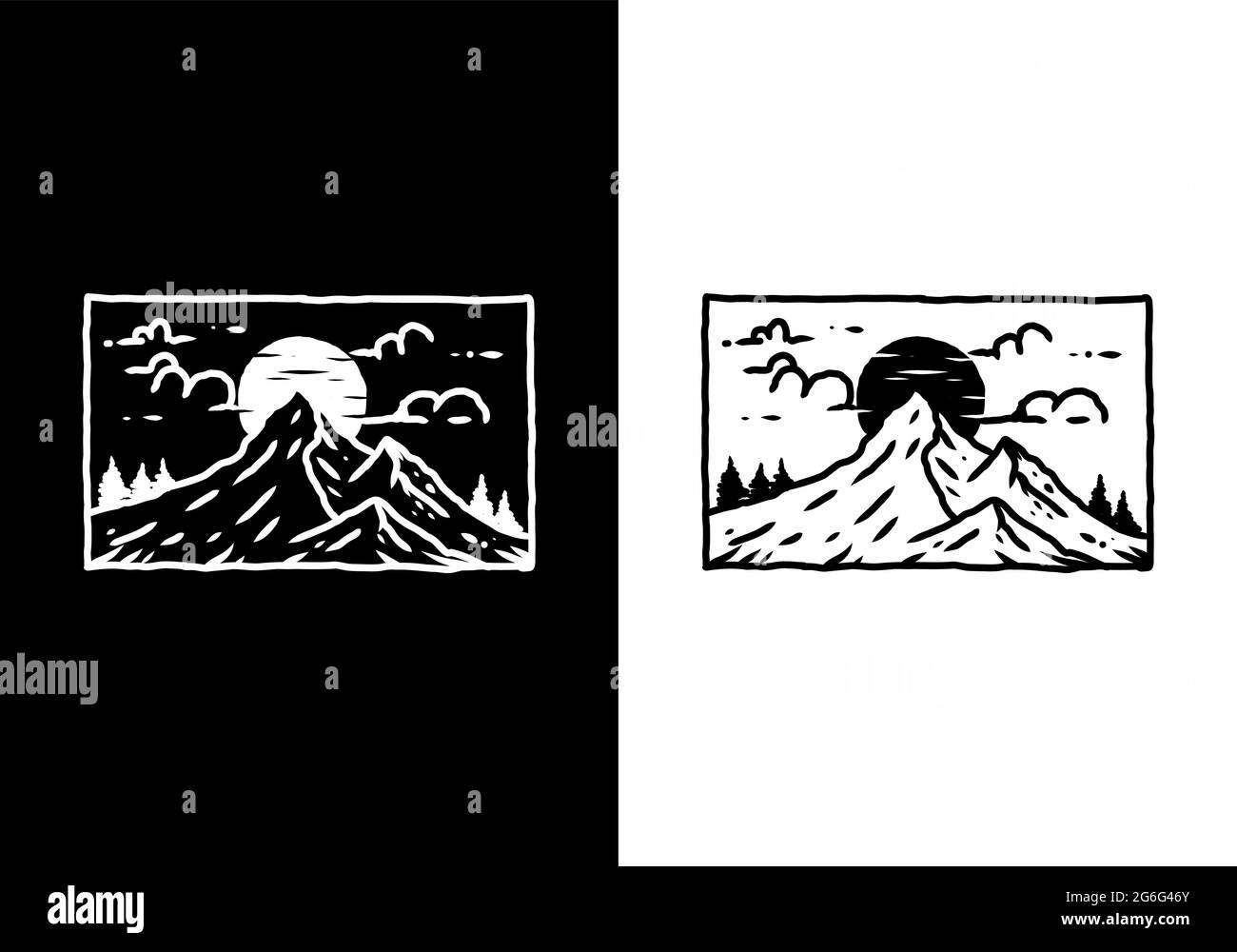 Black and white illustration drawing of mountain in rectangle shape ...