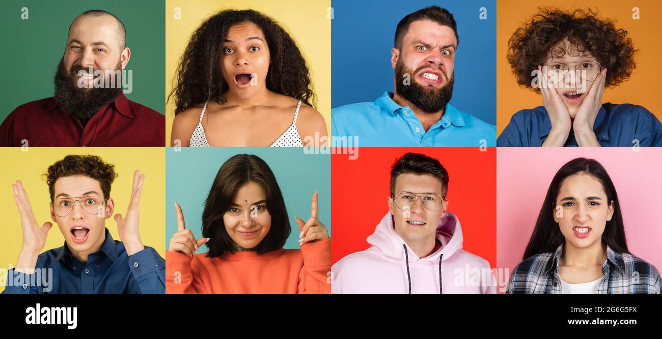 Collage of surprised people on isolated over colored background. Facial ...