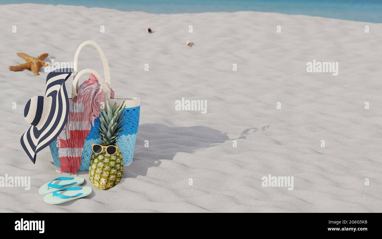 Beach scene with props for wallpaper, 3d rendering Stock Photo - Alamy