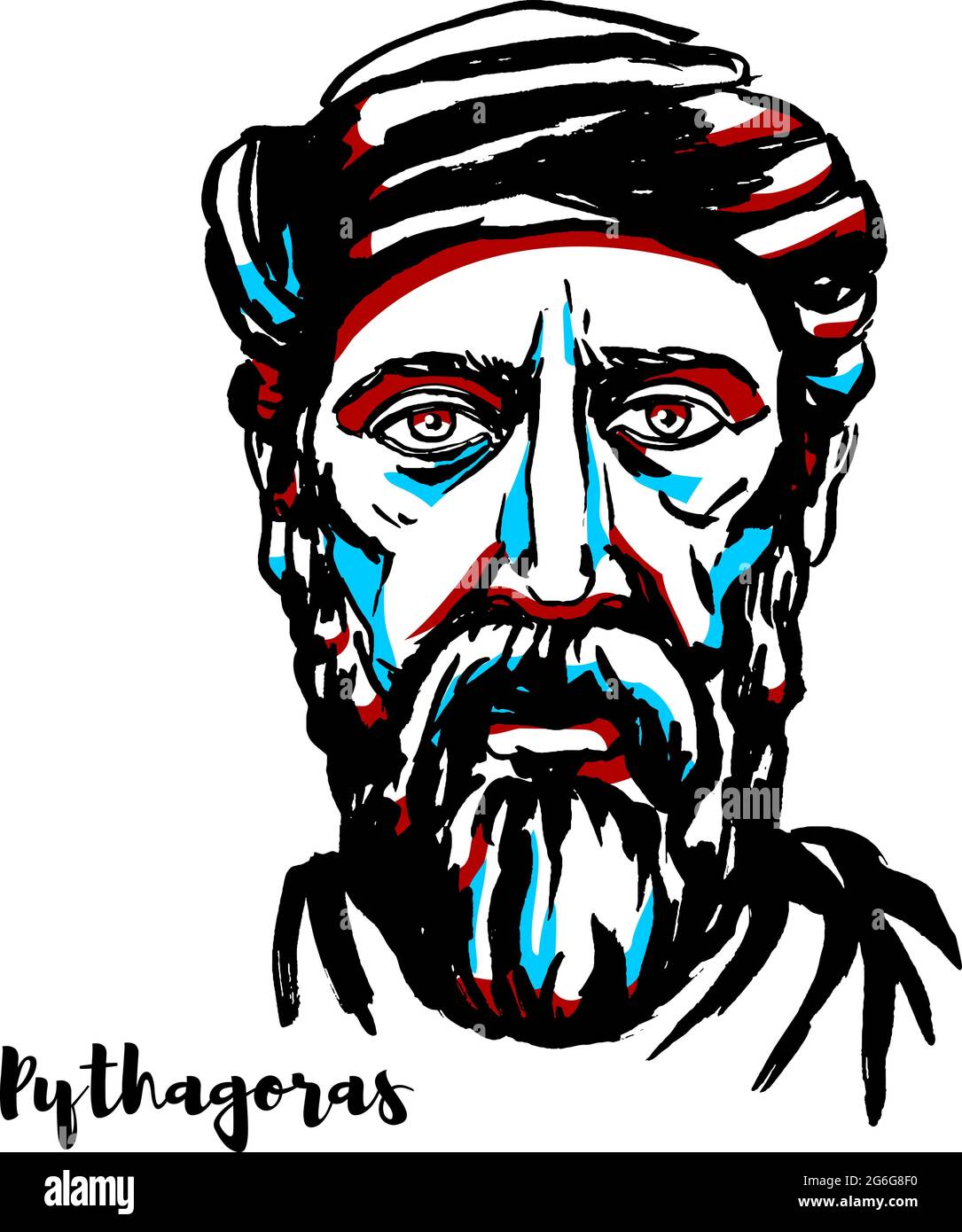 Pythagoras engraved vector portrait with ink contours. Ionian Greek ...