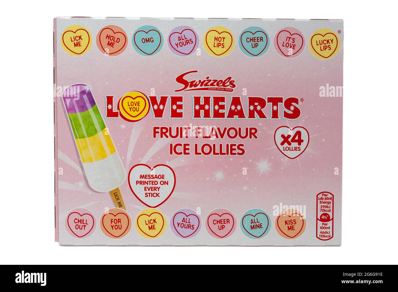 Box of Swizzels Love Hearts fruit flavour ice lollies isolated on white ...