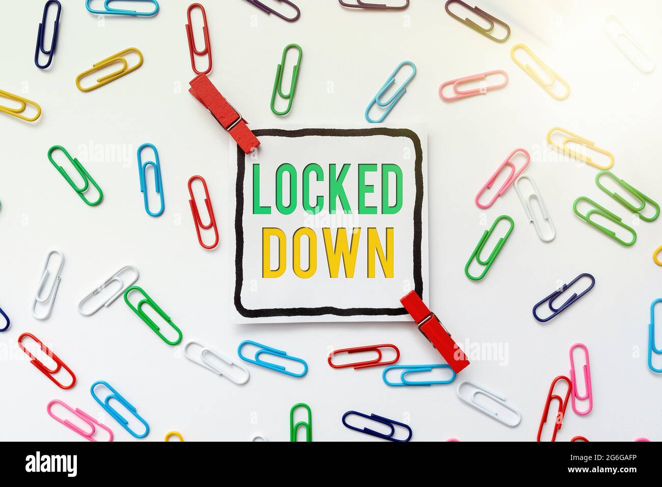 Sign displaying Locked Down. Word Written on emergency measure which ...