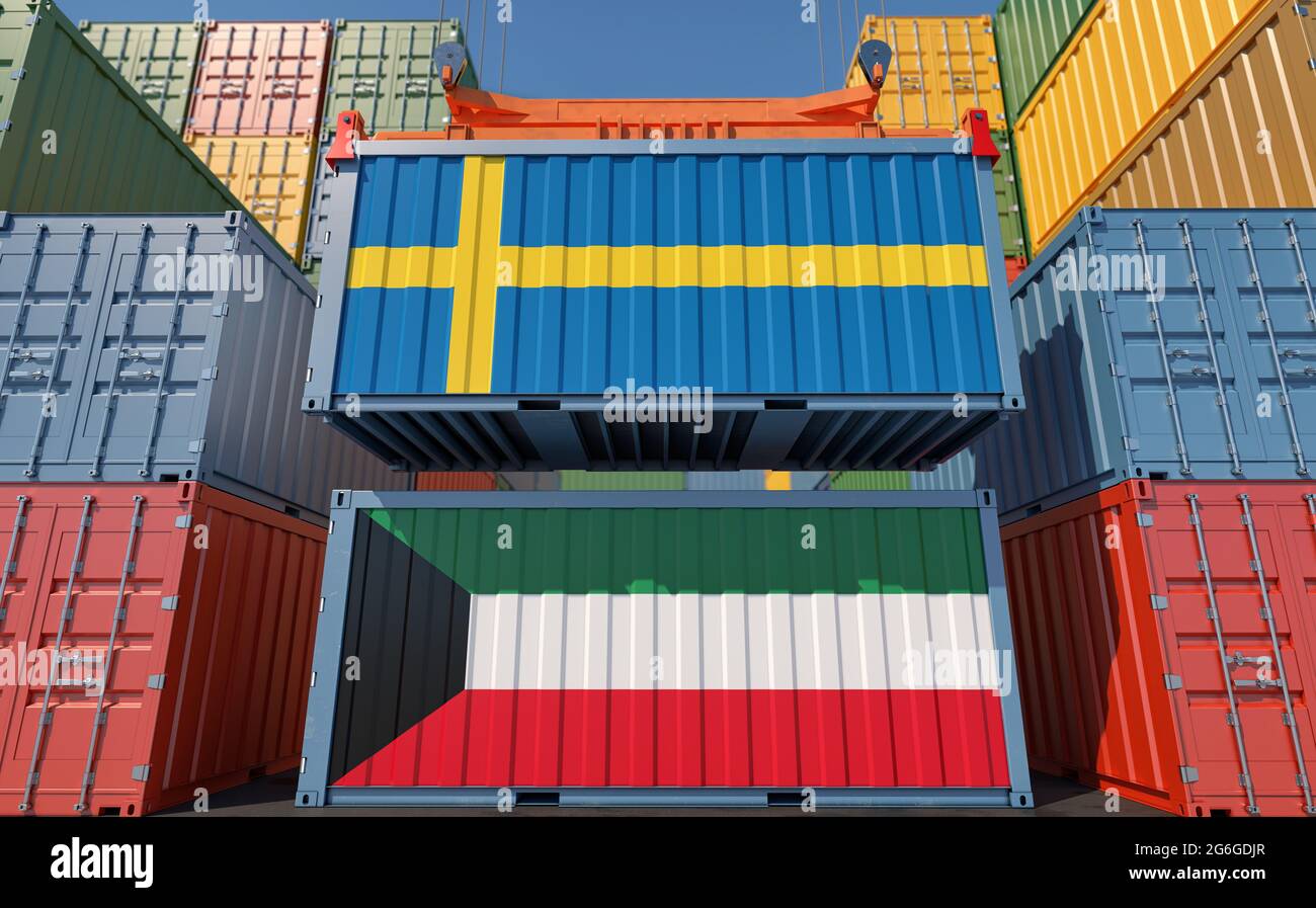 Container Terminal. Two cargo Container with Kuwait and Sweden flags ...