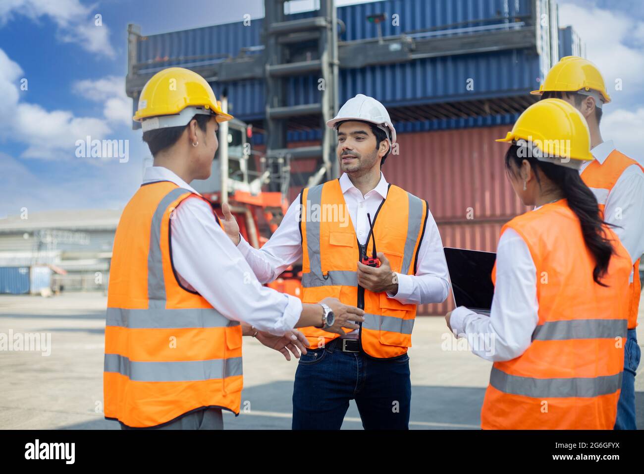 Business Logistics concept, Foreman control loading Containers box of ...