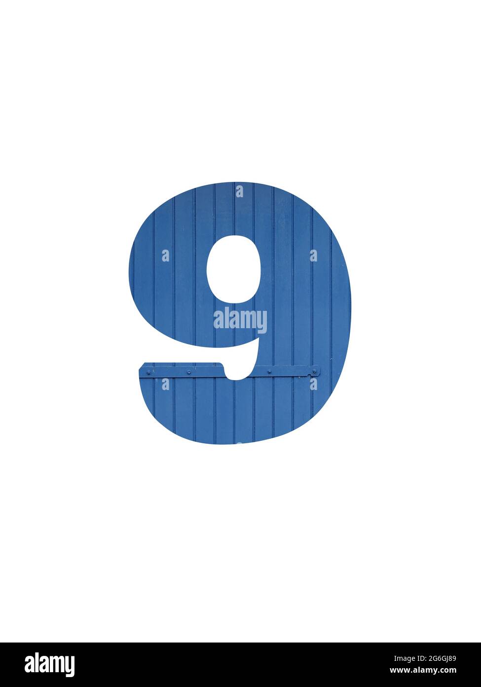 Number 9 of the alphabet made with old blue wood, isolated on a white ...