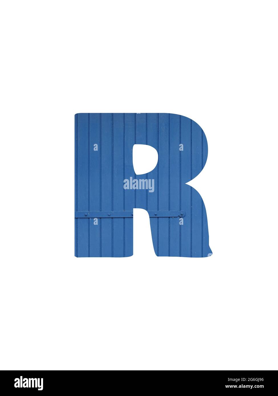Letter R of the alphabet made with old blue wood, isolated on a white ...