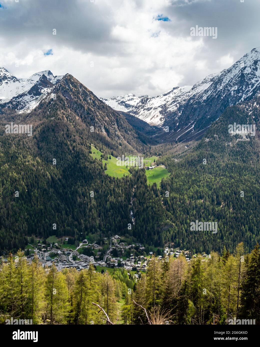 Little town of Champoluc on the Mount Rose seen from the other side of ...