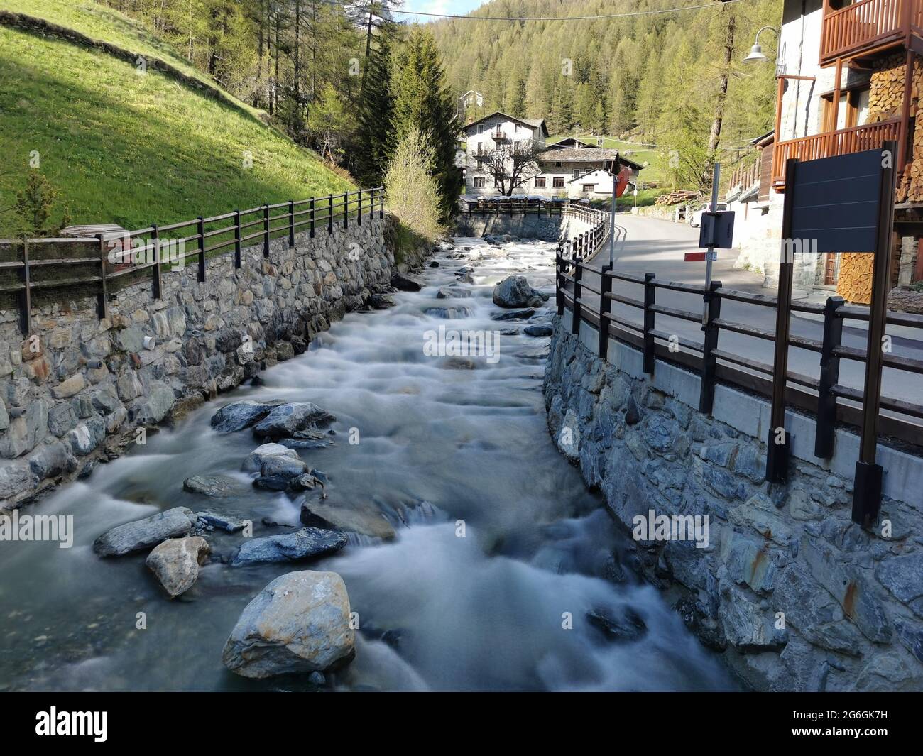 The little creek Evançon in the little town of Saint Jacques in Ayas ...