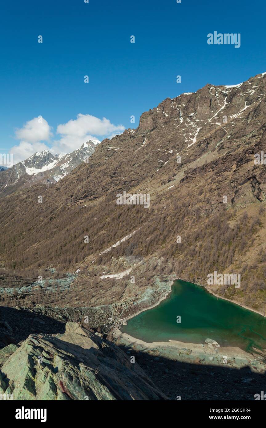 Landscape panoramic view of the Blu lake and the Ayas Valley in the ...