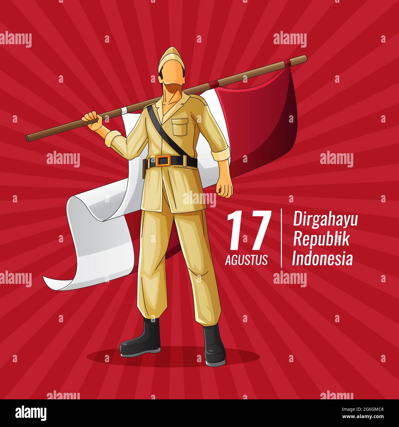 indonesian Independence vector greeting card with hero holding ...