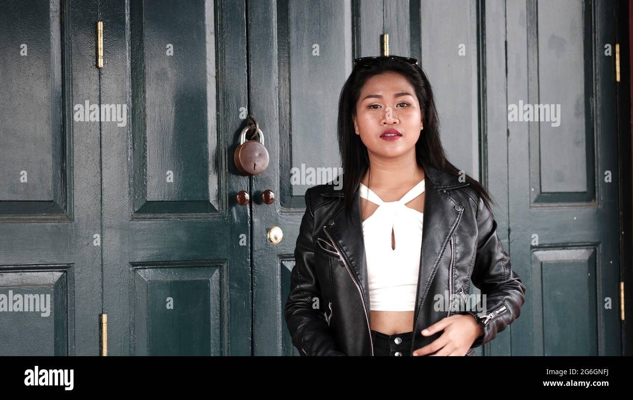Chinese Asian Female Model Poser Actress Wearing Black Leather Jacket ...