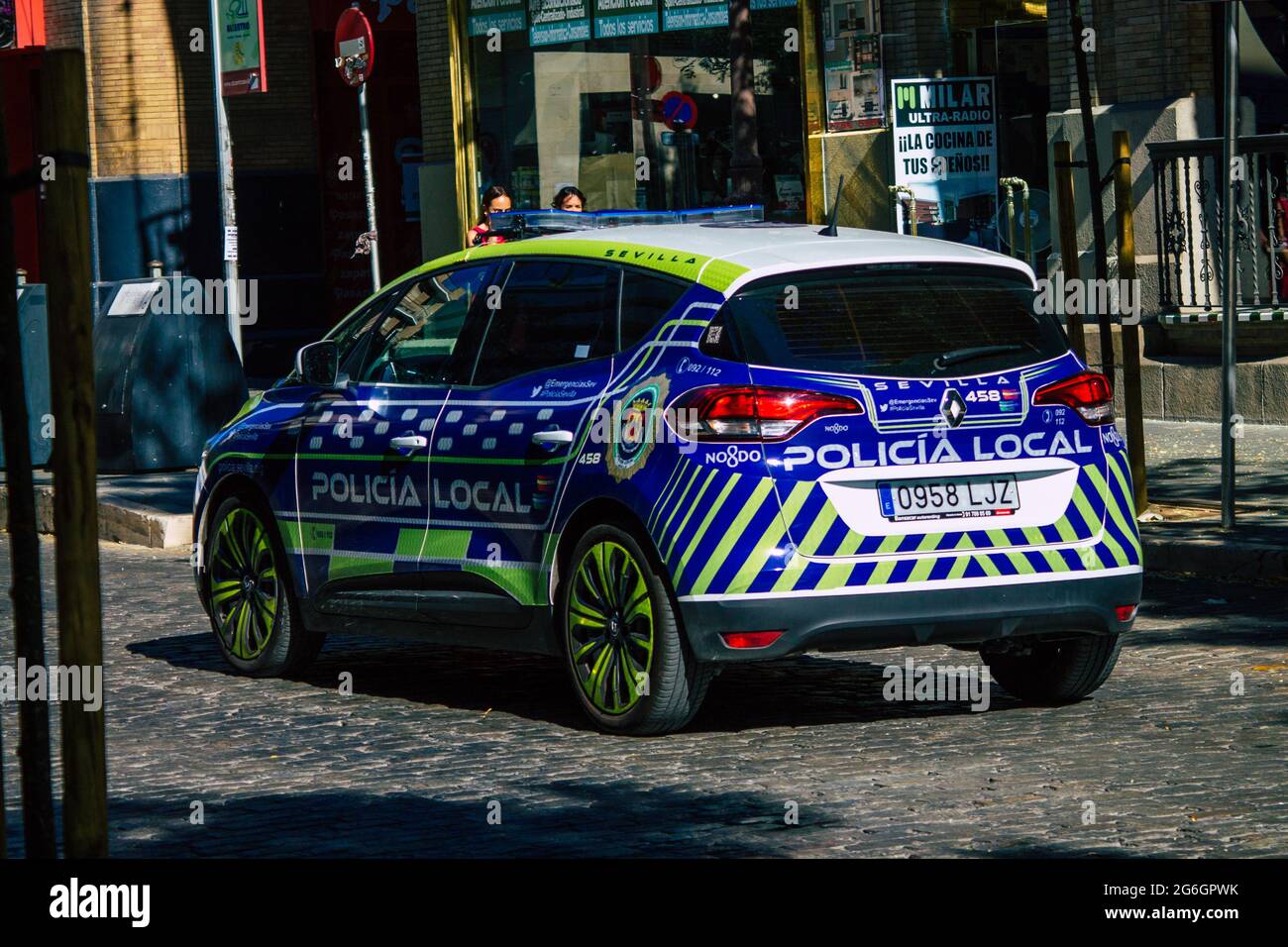 Seville Spain July 05, 2021 Local police patrolling in the streets of ...