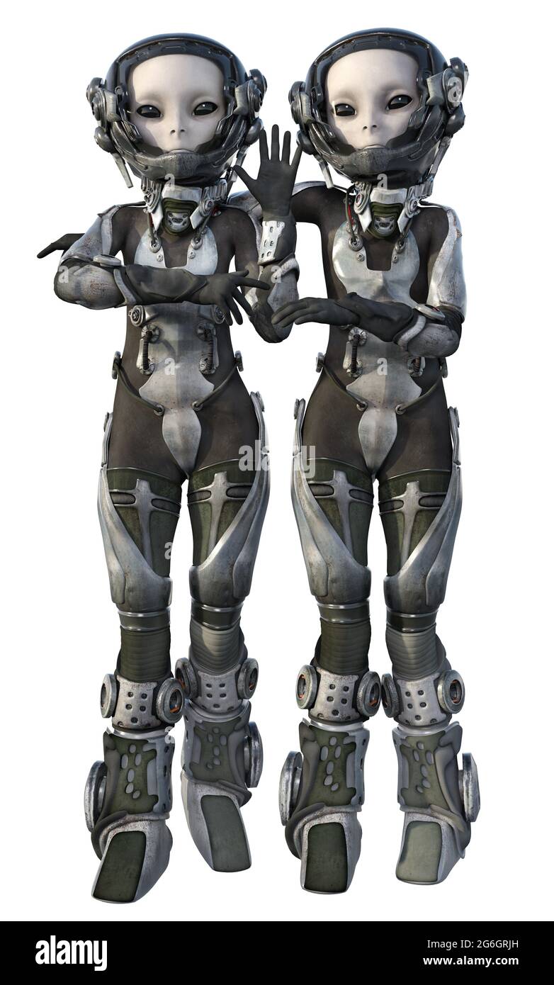Aliens posing in futuristic space suit isolated on white background ...
