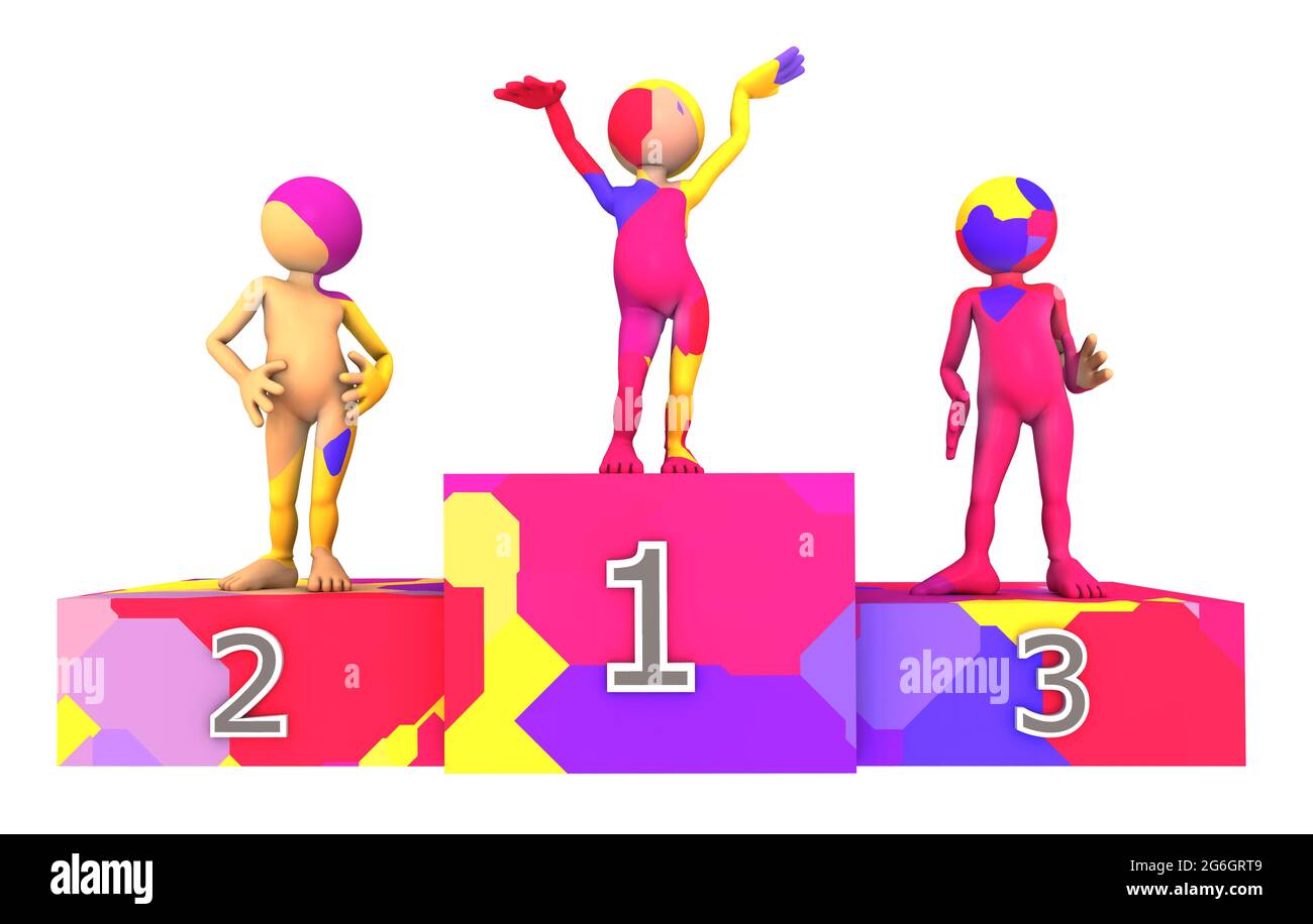 Winners podium with 3D figures in colors isolated on white background ...