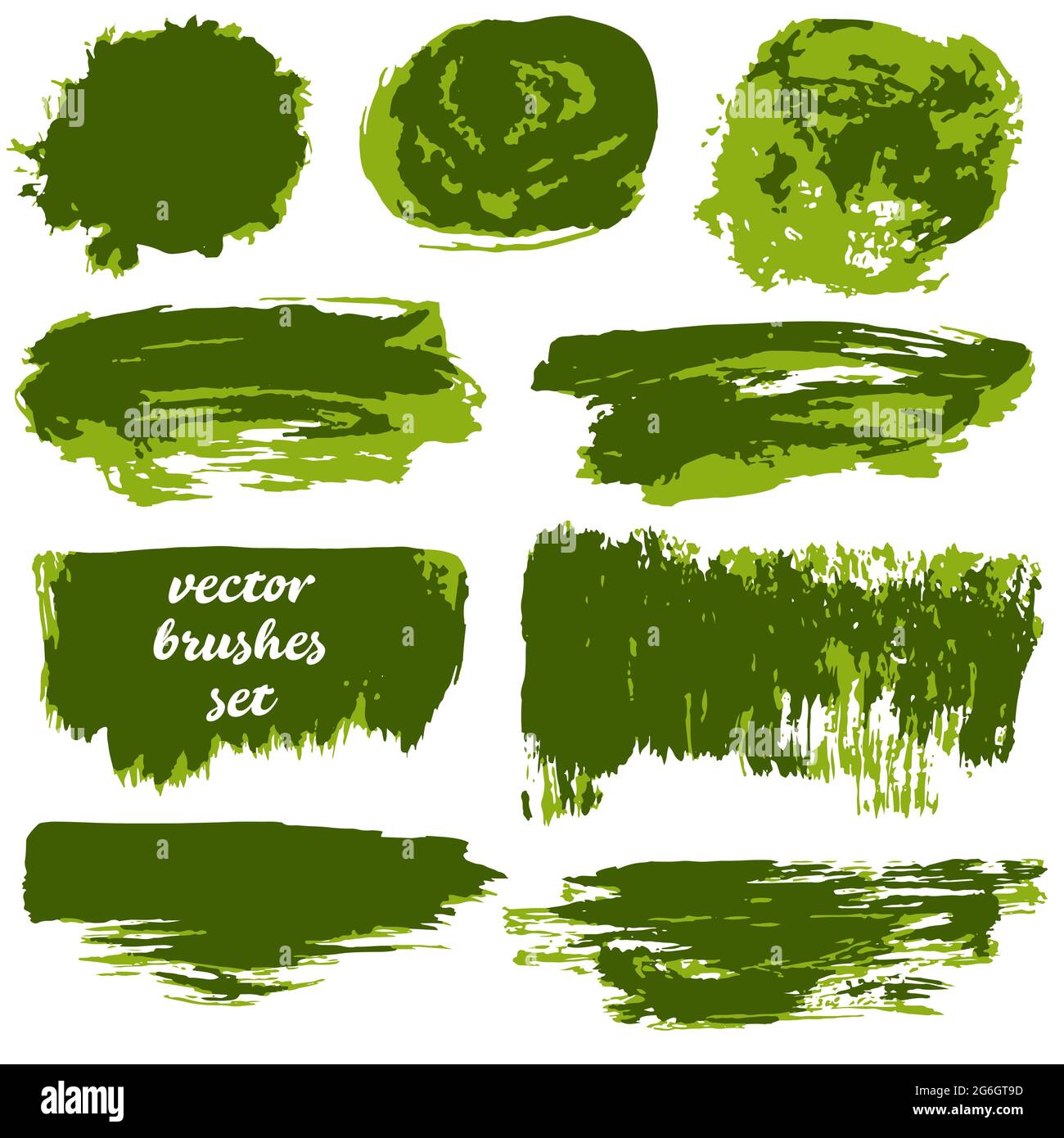 Collection of green bicolor paint, ink brush strokes, brushes, blots ...