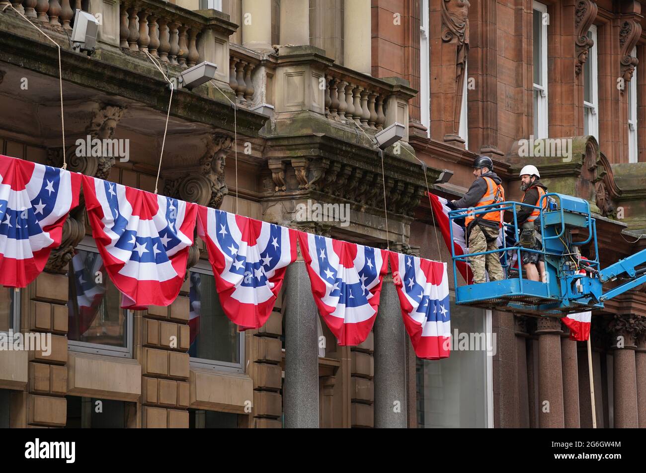 Bunting is put up in St Vincent Street in Glasgow city centre ahead of ...