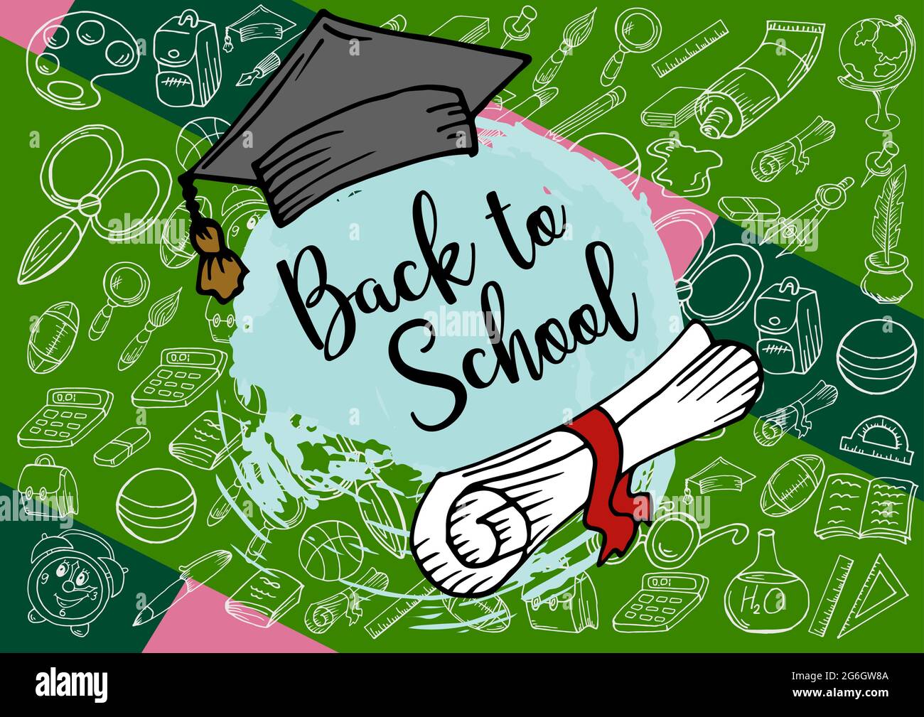 Welcome back to school. Design poster, banner. School supplies. Doodle ...