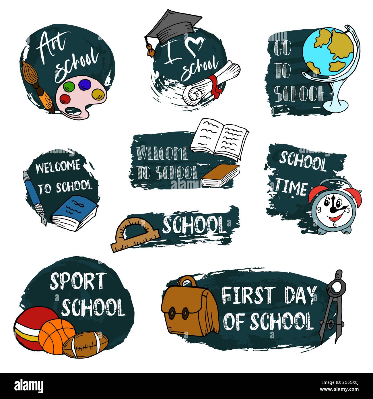 Big set of back to school labels, pins, stickers. Typography emblem ...
