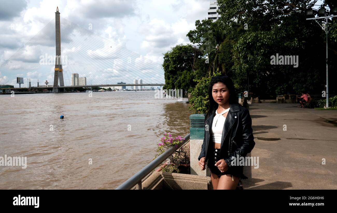Chinese Asian Dark Hair Tourist Standing at Chao Phraya River ...