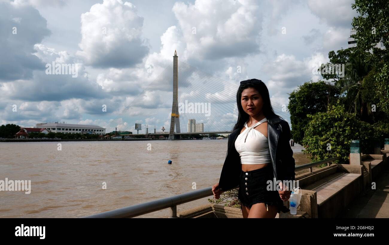 Chinese Asian Dark Hair Tourist Standing at Chao Phraya River ...