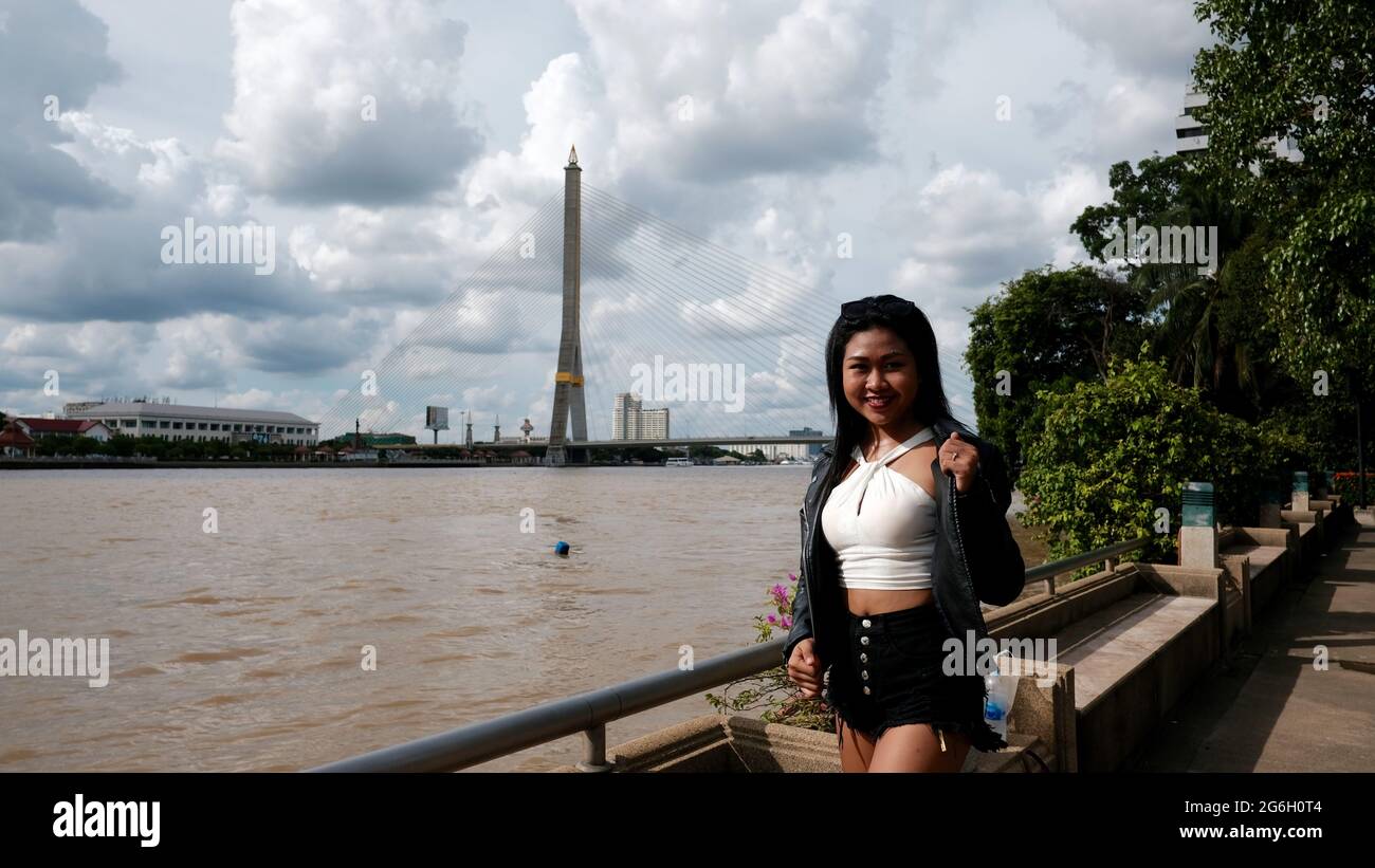 Chinese Asian Dark Hair Tourist Standing at Chao Phraya River ...