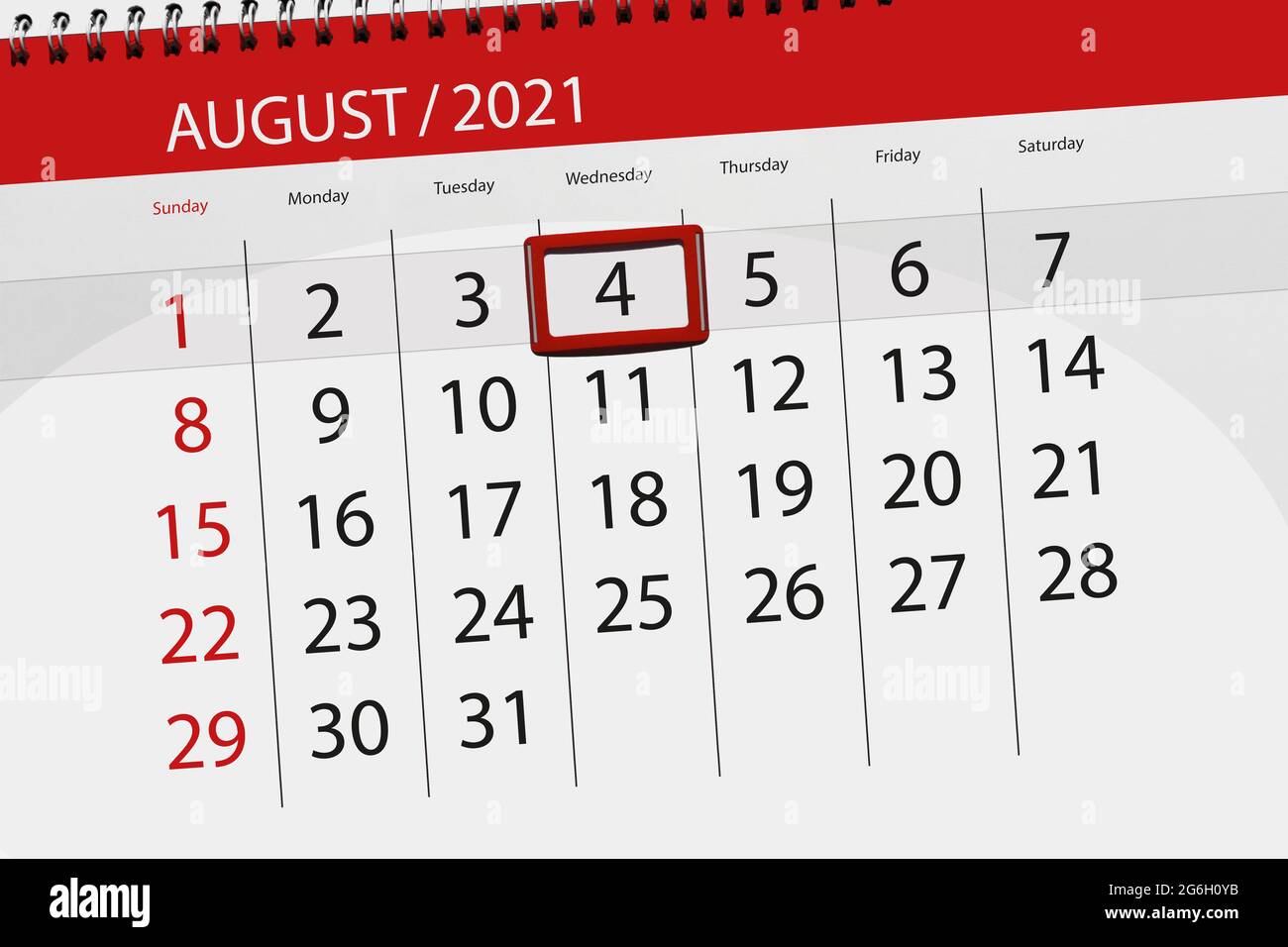 Calendar planner for the month august 2021, deadline day, 4, wednesday ...