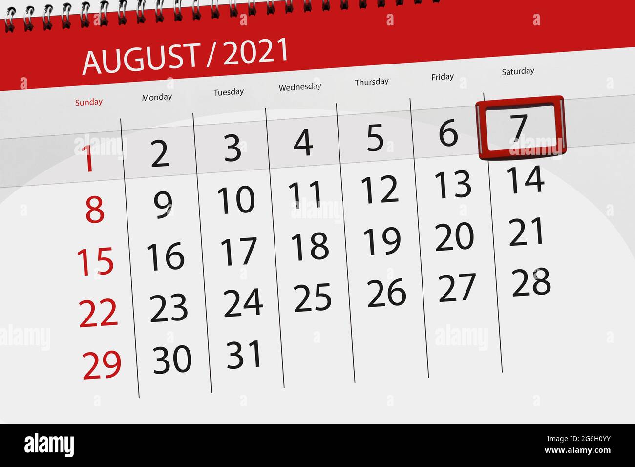 Calendar planner for the month august 2021, deadline day, 7, saturday ...