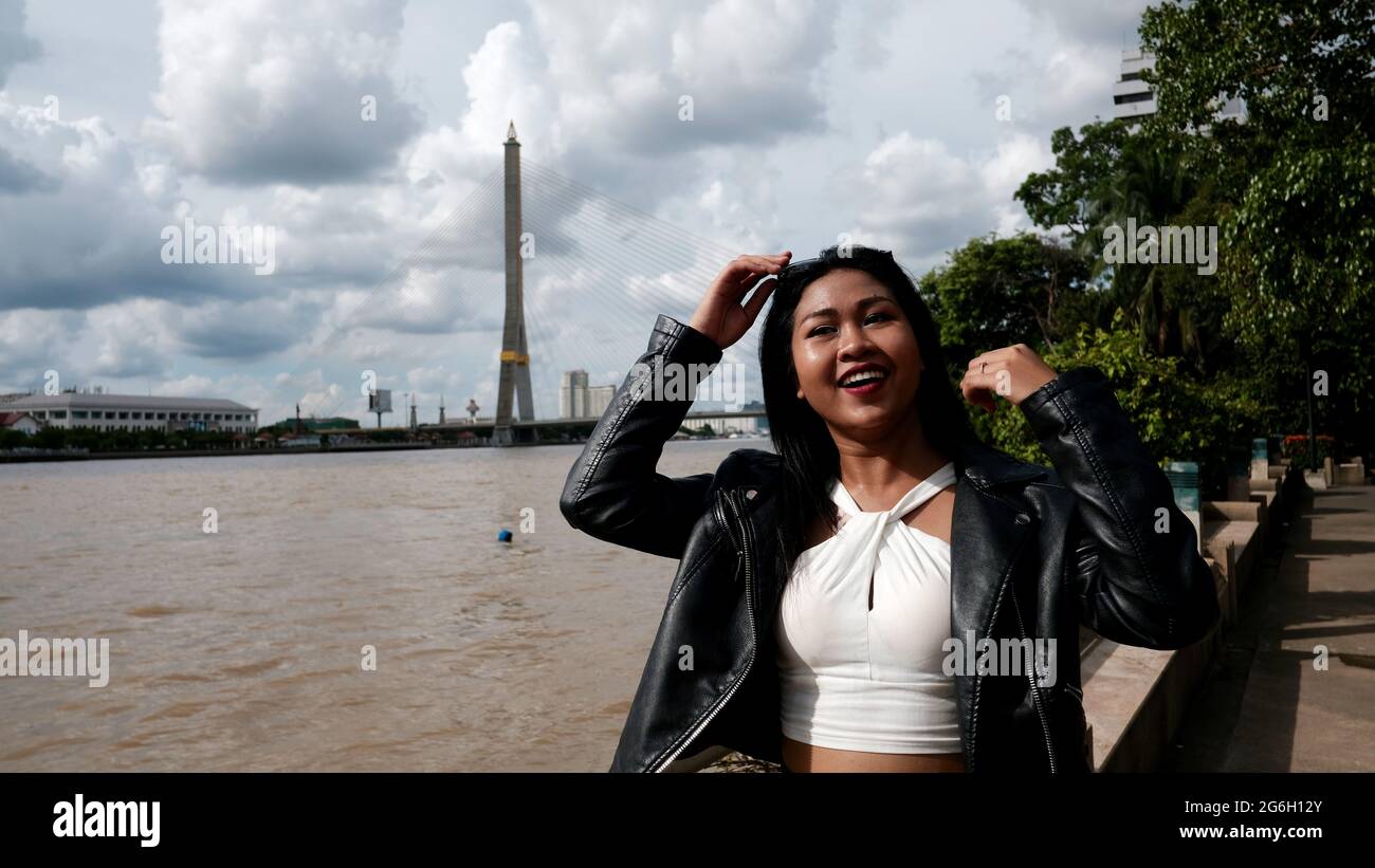 Chinese Asian Dark Hair Tourist Standing at Chao Phraya River ...