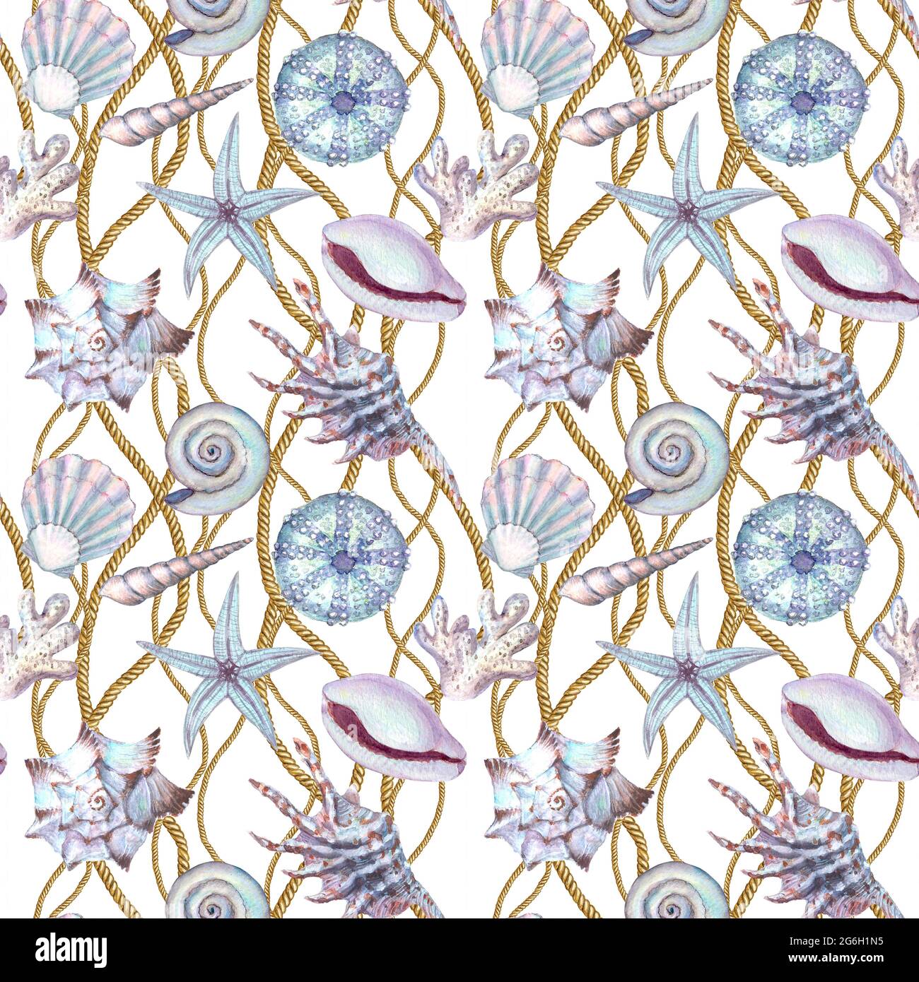 Watercolor sea shell seamless pattern. Hand drawn seashells ocean ...