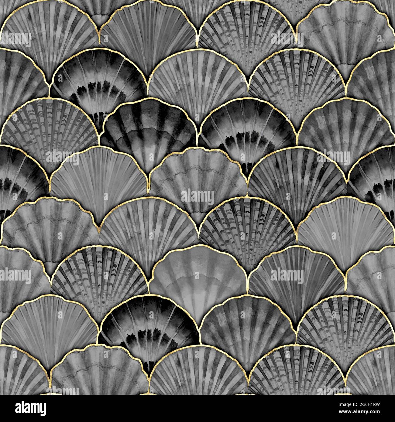 Watercolor sea shell japanese waves seamless pattern. Hand drawn ...
