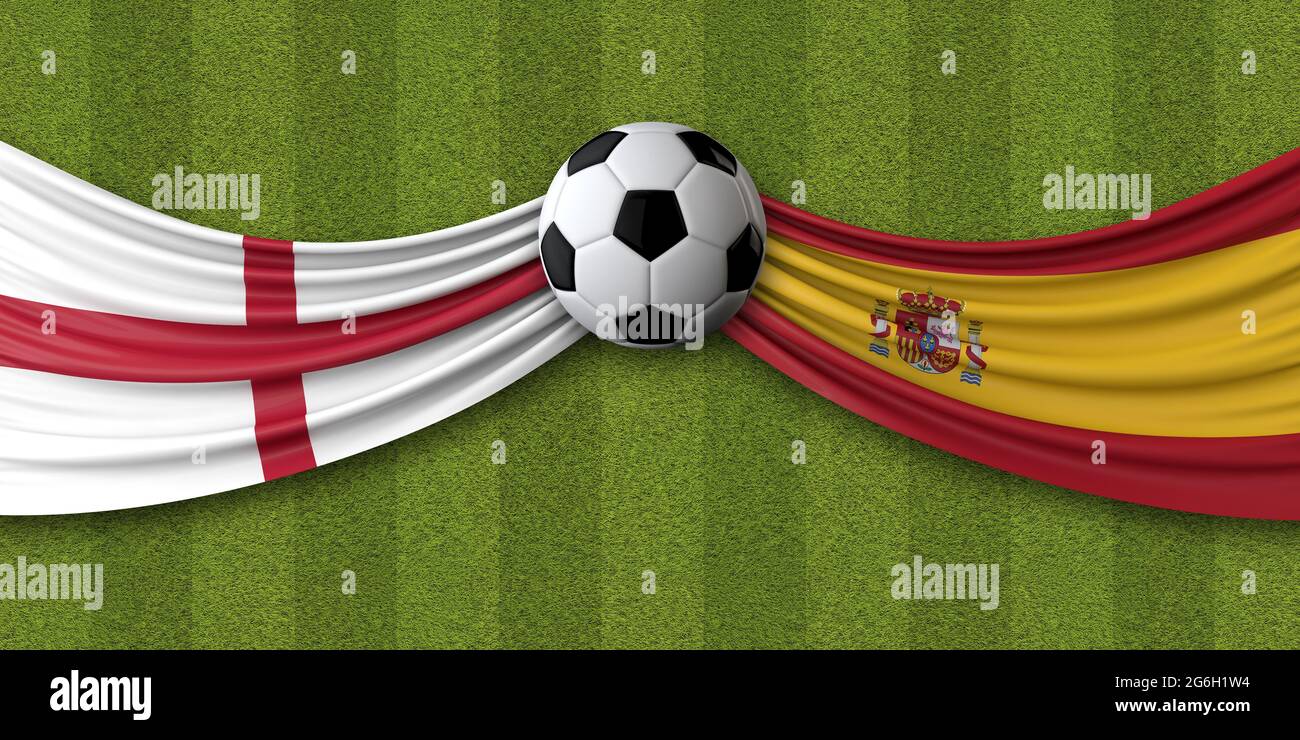 England Vs. Spain soccer match. National flags with football. 3D ...