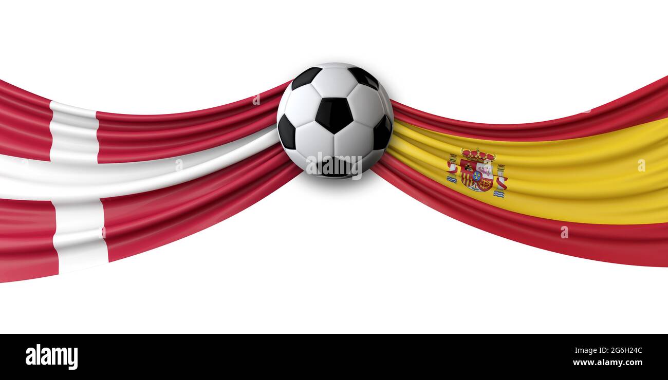 Denmark Vs. Spain soccer match. National flags with football. 3D ...