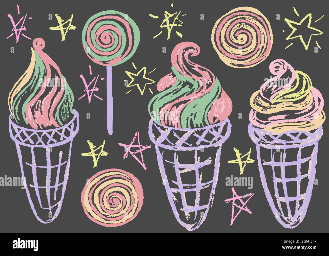 Cute childish drawing with colored chalk on a gray background. Pastel ...