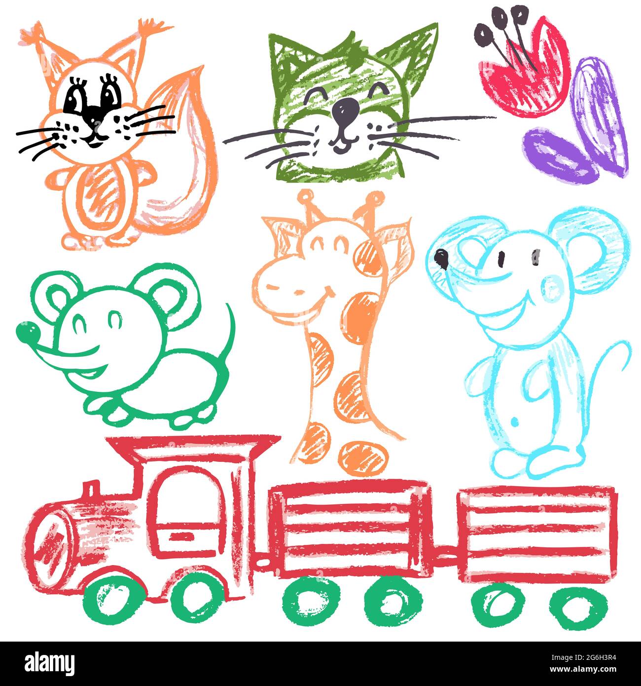 Cute childish drawing with wax crayons on a white background. Pastel ...