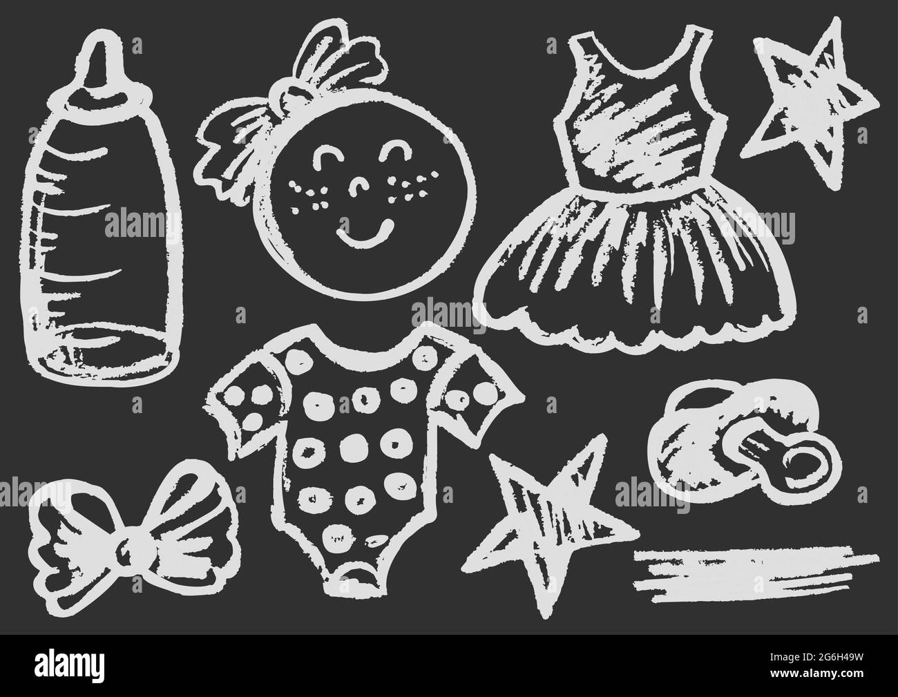 Cute childish drawing with white chalk on blackboard. Pastel chalk or ...