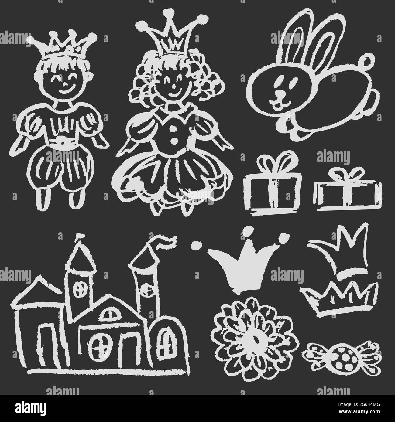 Cute childish drawing with white chalk on blackboard. Pastel chalk or ...