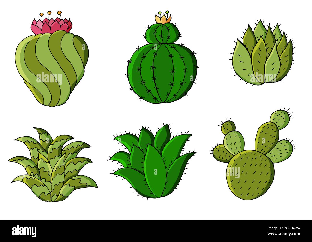 Cute vector illustration. Set of cartoon images of cacti. Cacti, aloe ...