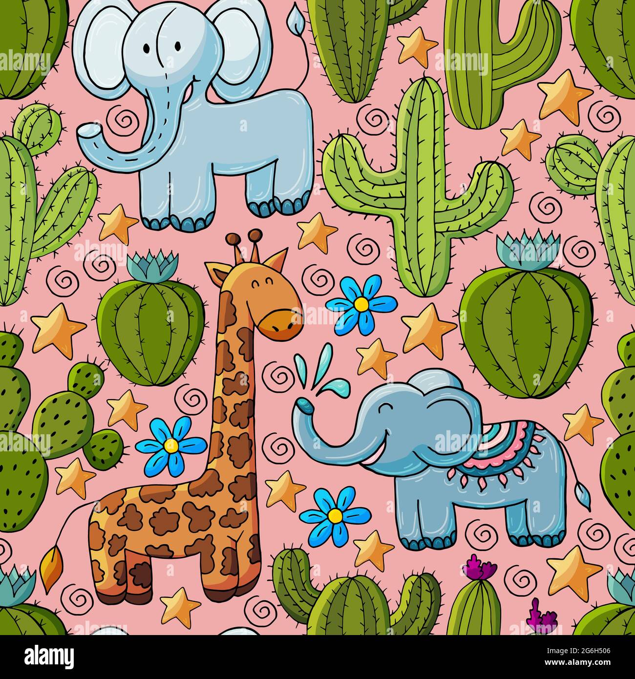 Seamless botanical illustration. Tropical pattern of different cacti, aloe, exotic animals ...