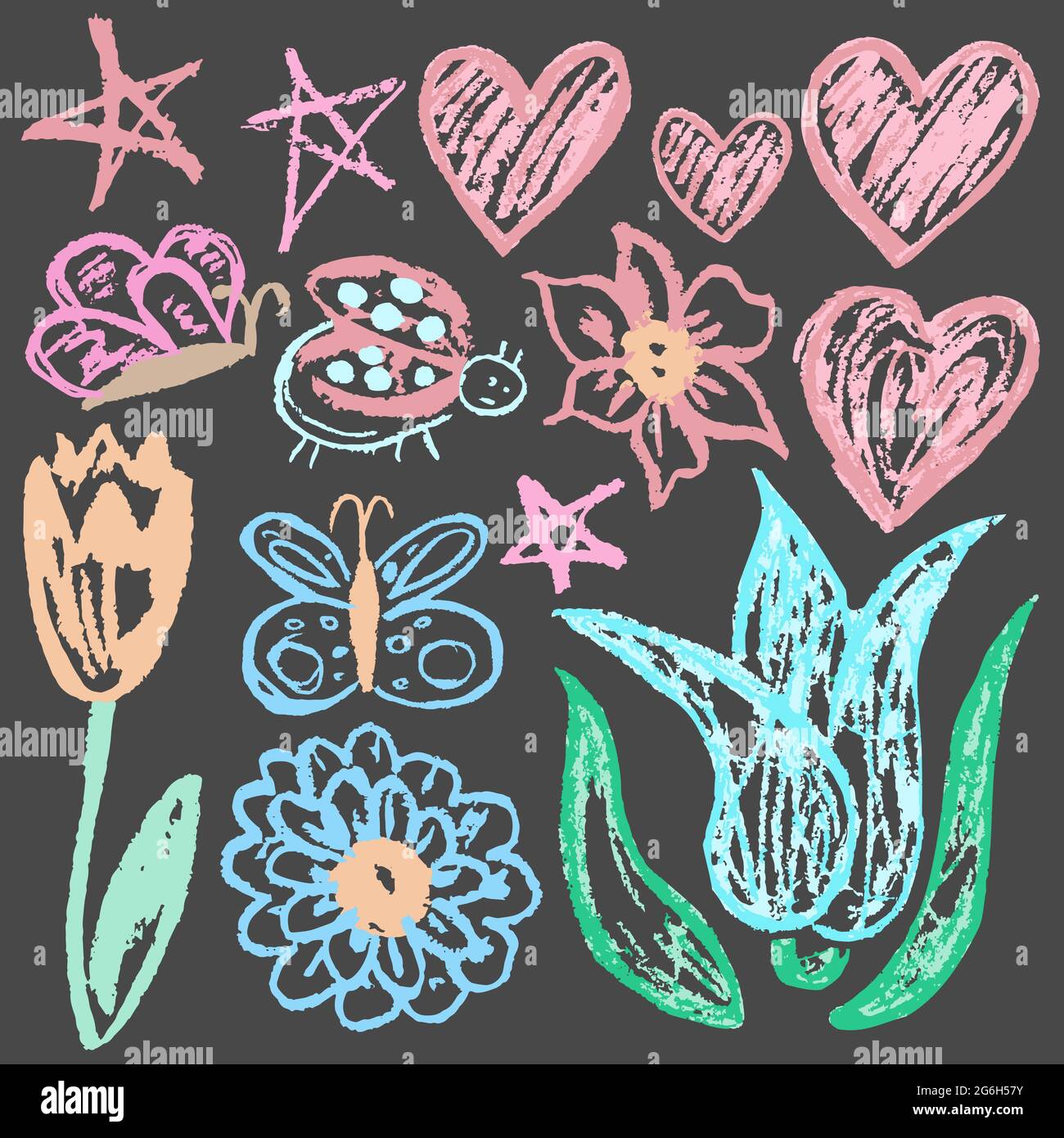 Cute childish drawing with wax crayons on a white background. Pastel ...