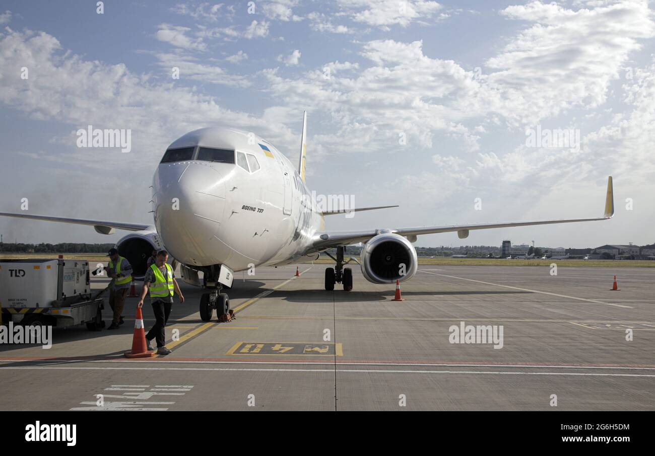 KYIV, UKRAINE - JUNE 24, 2021 - A plane is seen on the airfield at the ...