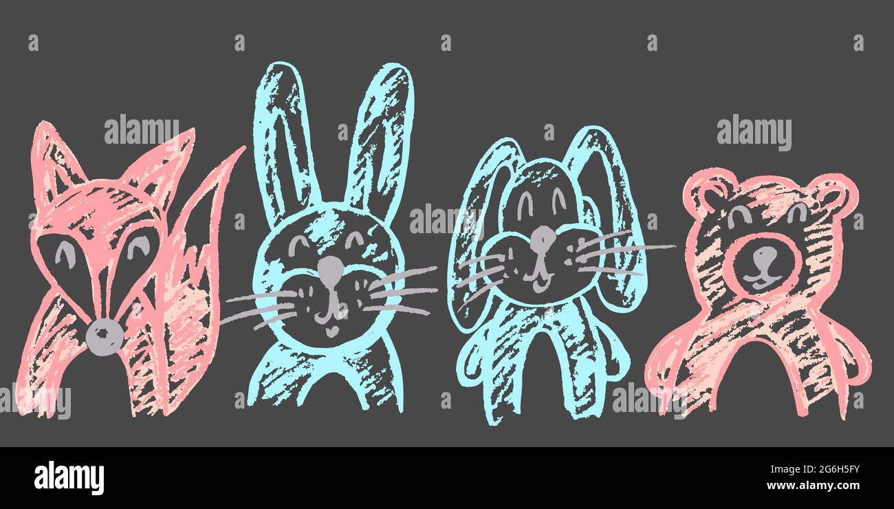 Cute childish drawing with colored chalk on a gray background. Pastel ...