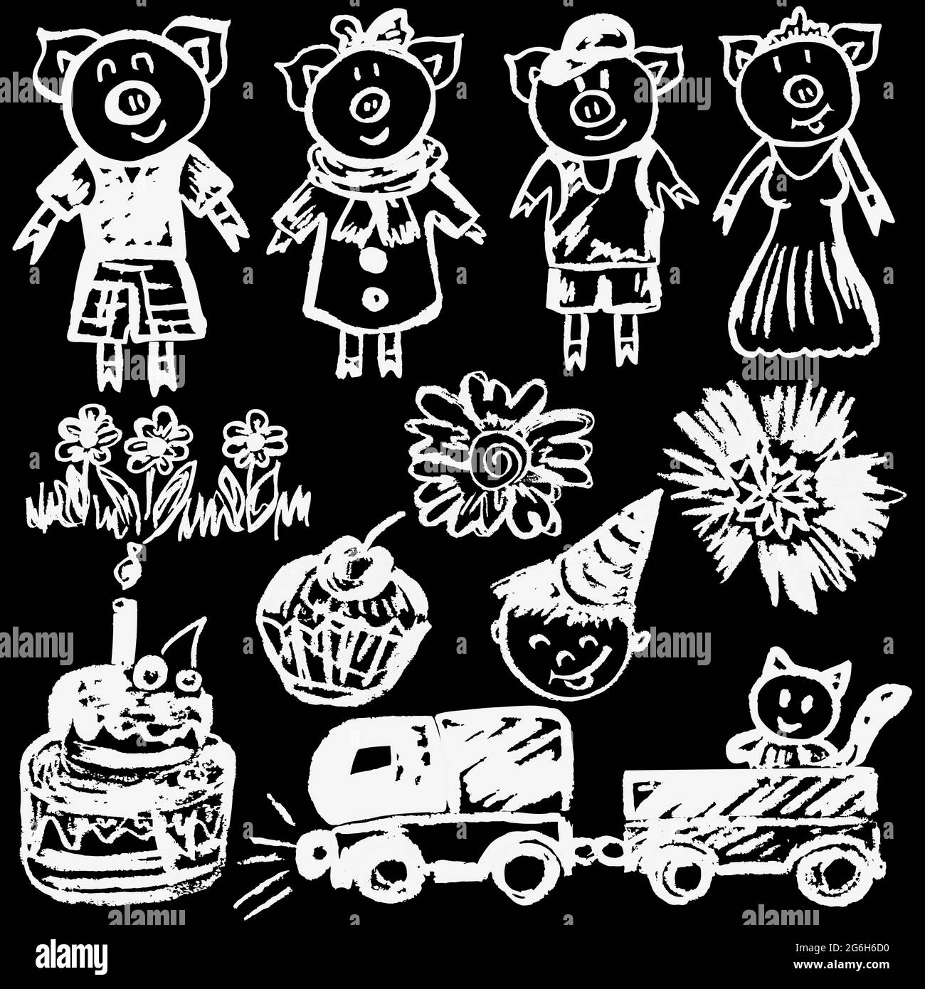 Cute childish drawing with white chalk on blackboard. Pastel chalk or ...