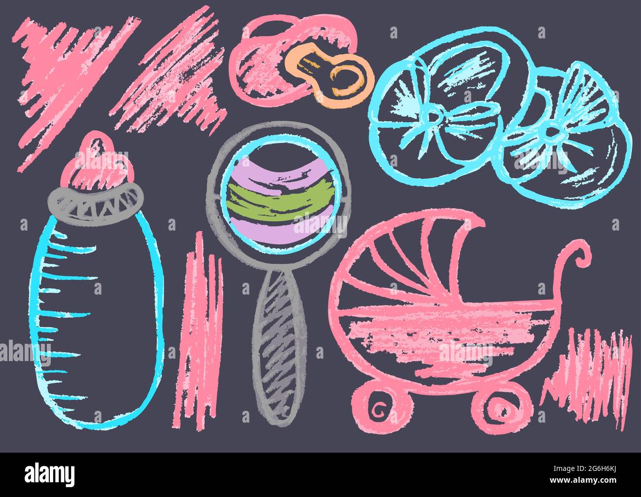 Cute childish drawing with colored chalk on a gray background. Pastel ...