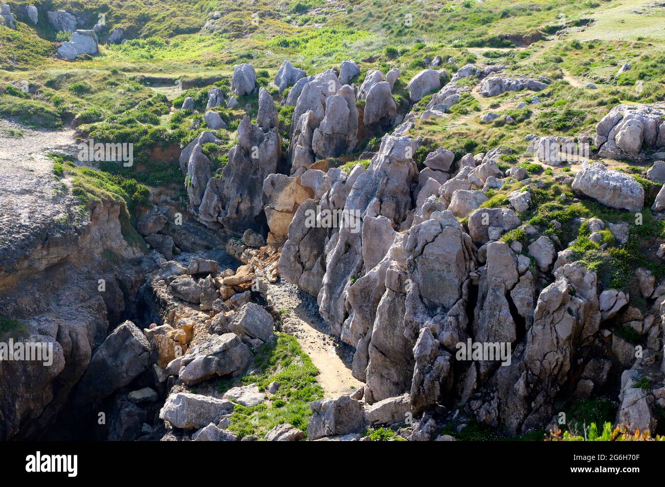 Weather eroded rock formation on the coast Suances Cantabria Spain ...
