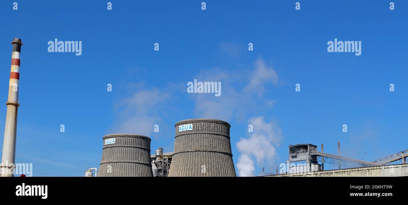 Cooling towers at the Solvay Quimica S.L. chemical factory in ...