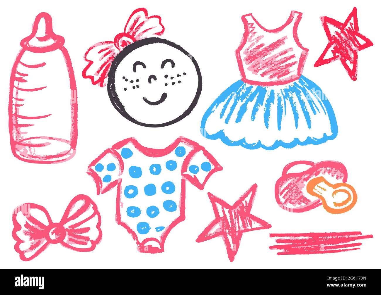 Cute childish drawing with wax crayons on a white background. Pastel ...