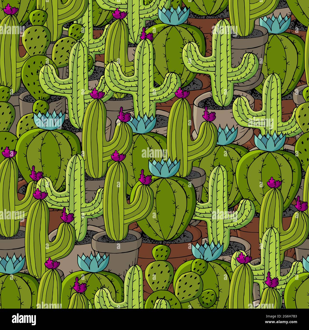 Vector seamless pattern of different cacti. Cute background from tropical plants. Exotic ...