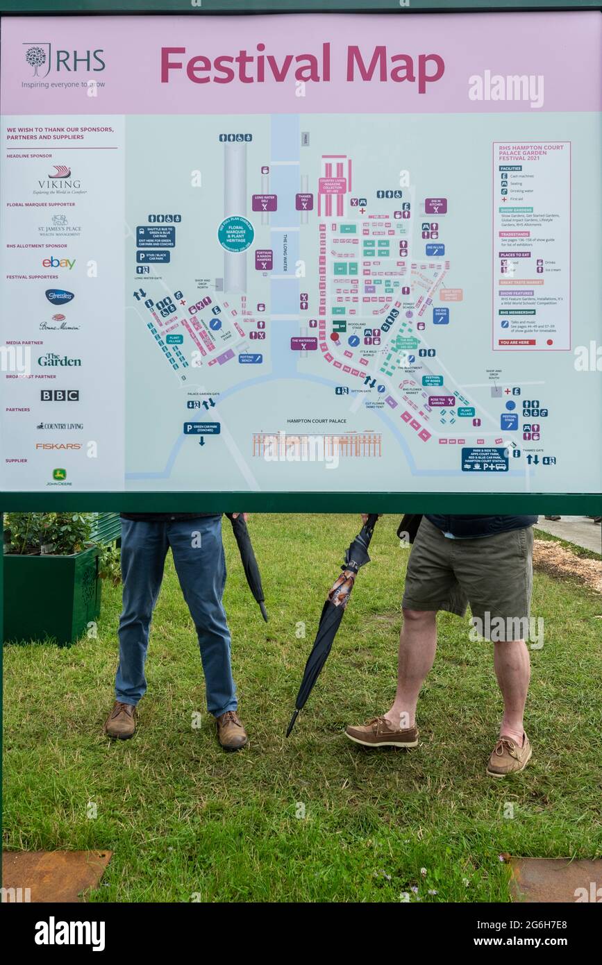 London, UK. 6 July 2021. Visitors look at a map as the rescheduled RHS ...