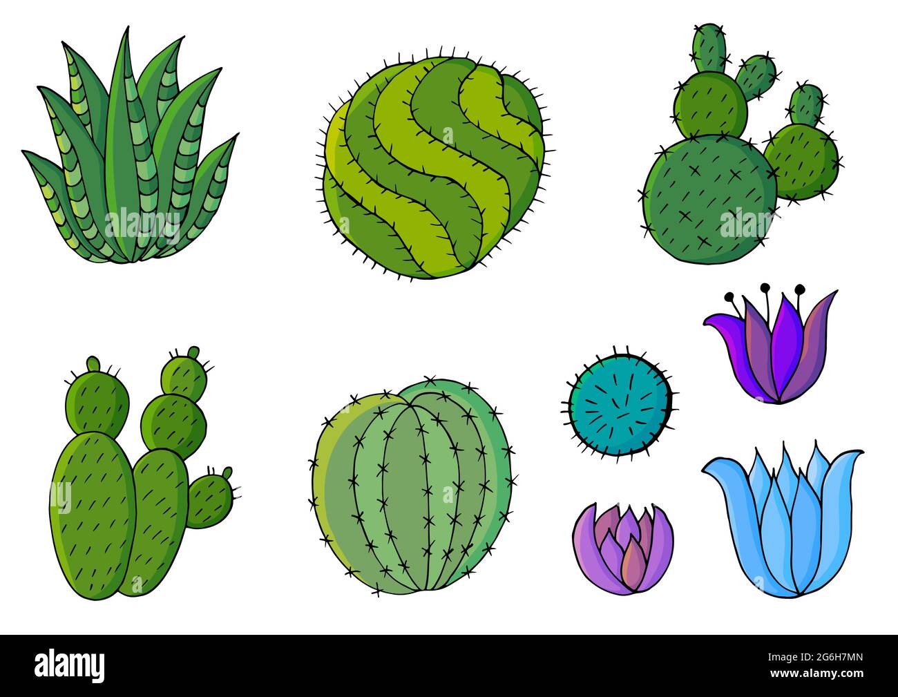 Cute vector illustration. Set of cartoon images of cacti. Cacti, aloe ...